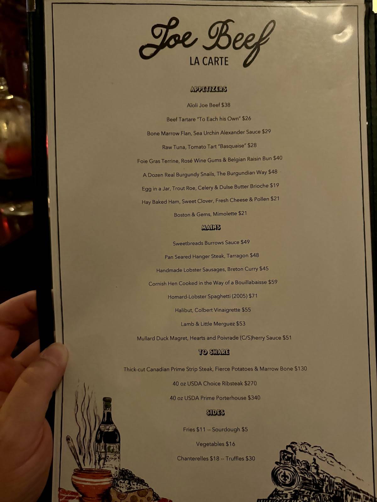 Menu au Joe Beef restaurant à viande, Montréal