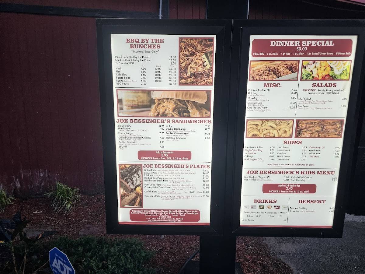 Menu at Joe Bessinger's Barbeque, Summerville