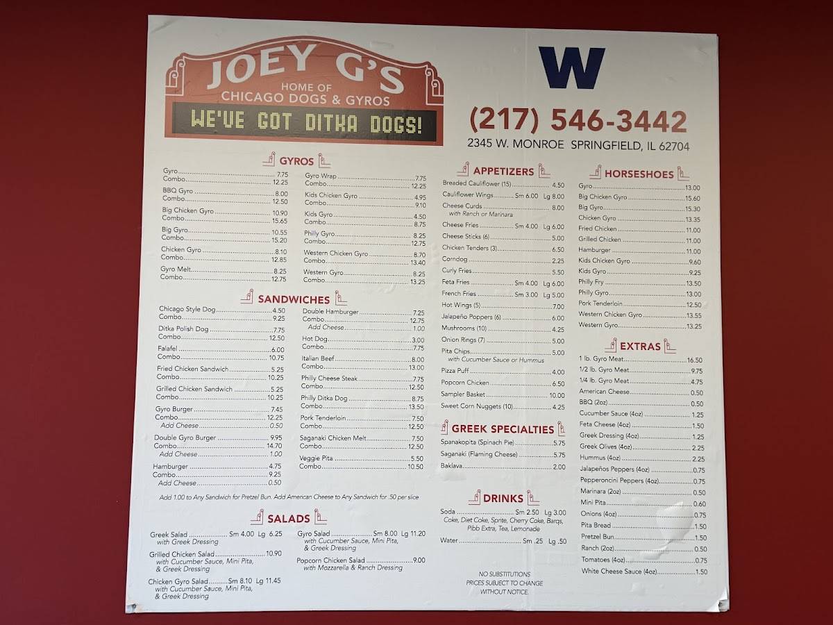 Menu at Joey G’s Chicago Dogs and Gyros fast food, Springfield, W Monroe St
