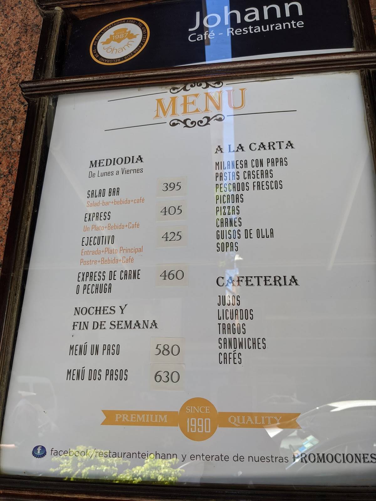 Carta del restaurante Johann, Buenos Aires