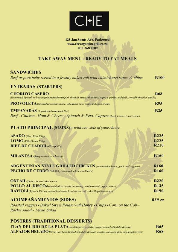 Menu at Che Argentine Grill restaurant, Johannesburg