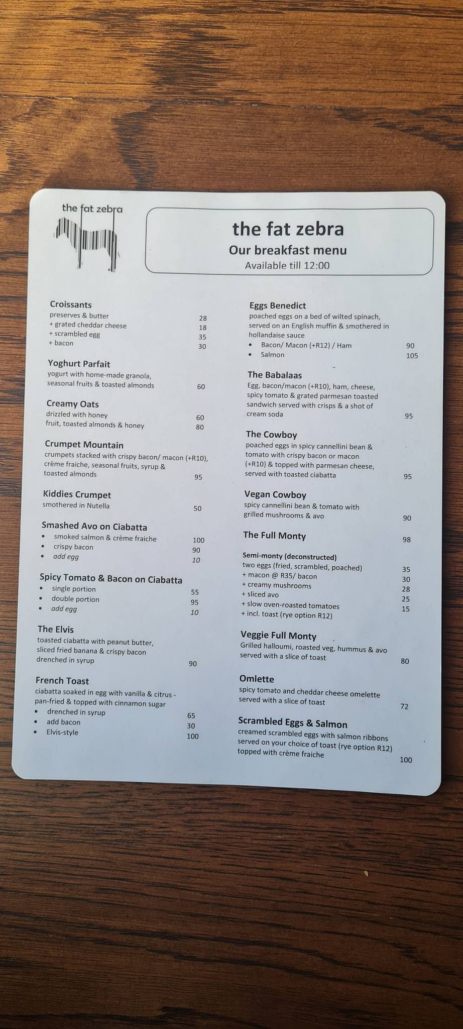 Menu at The Fat Zebra Linden cafe, Randburg, 71 7th St