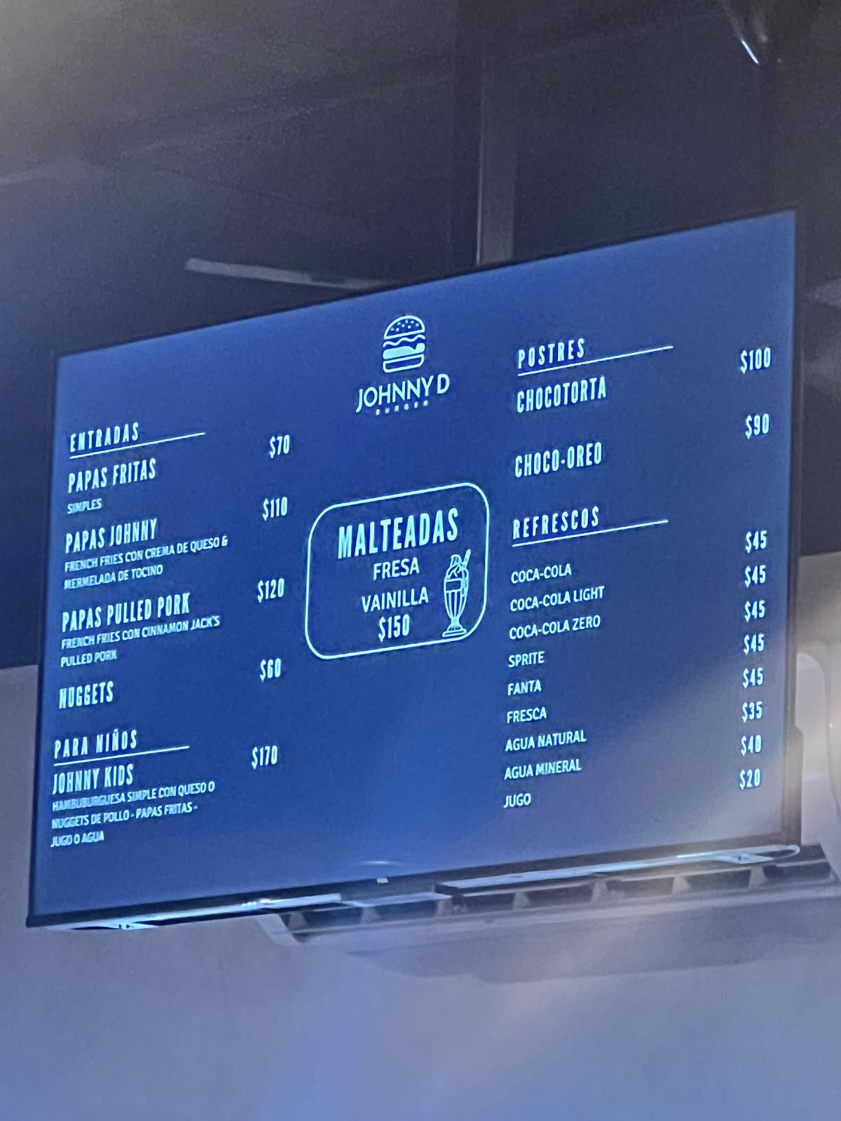 Menu at Johnny D Burger restaurant, Playa del Carmen
