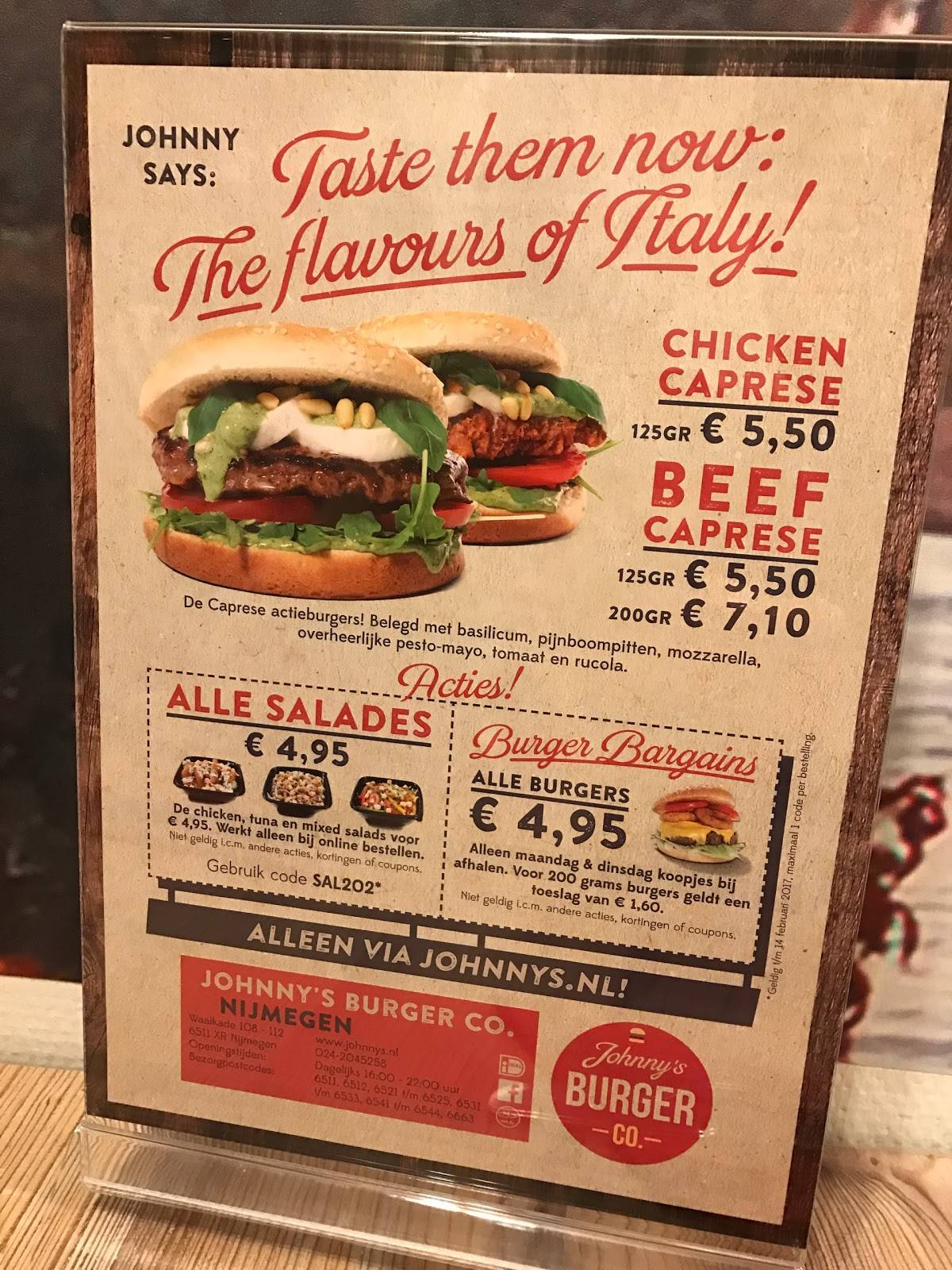 Menu au Johnny's Burger Company, Nimegue