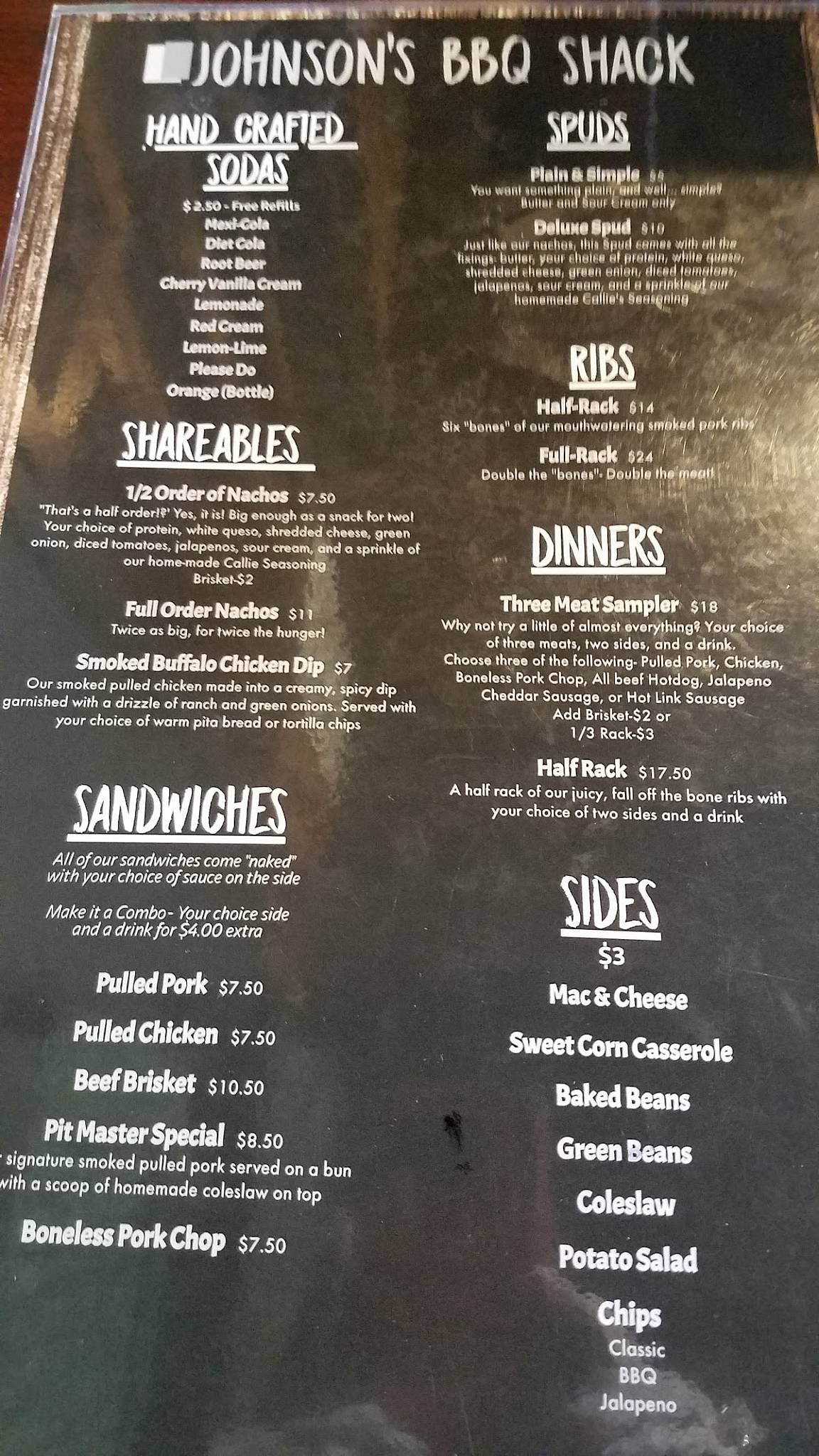 Carta de Johnson's BBQ Shack, Greenwood, 100 Byrd Way