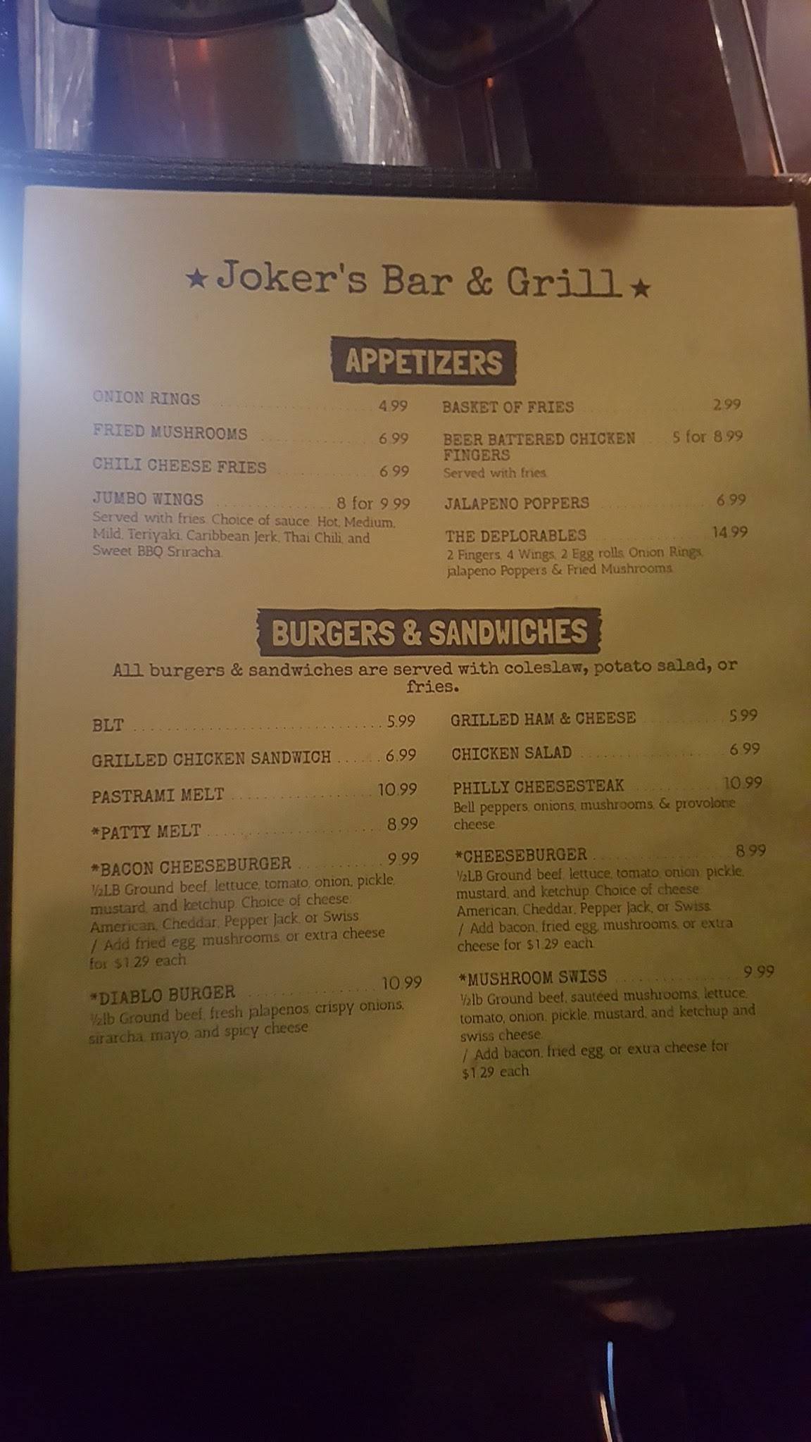 Menu at Joker's Bar & Grill, Las Vegas