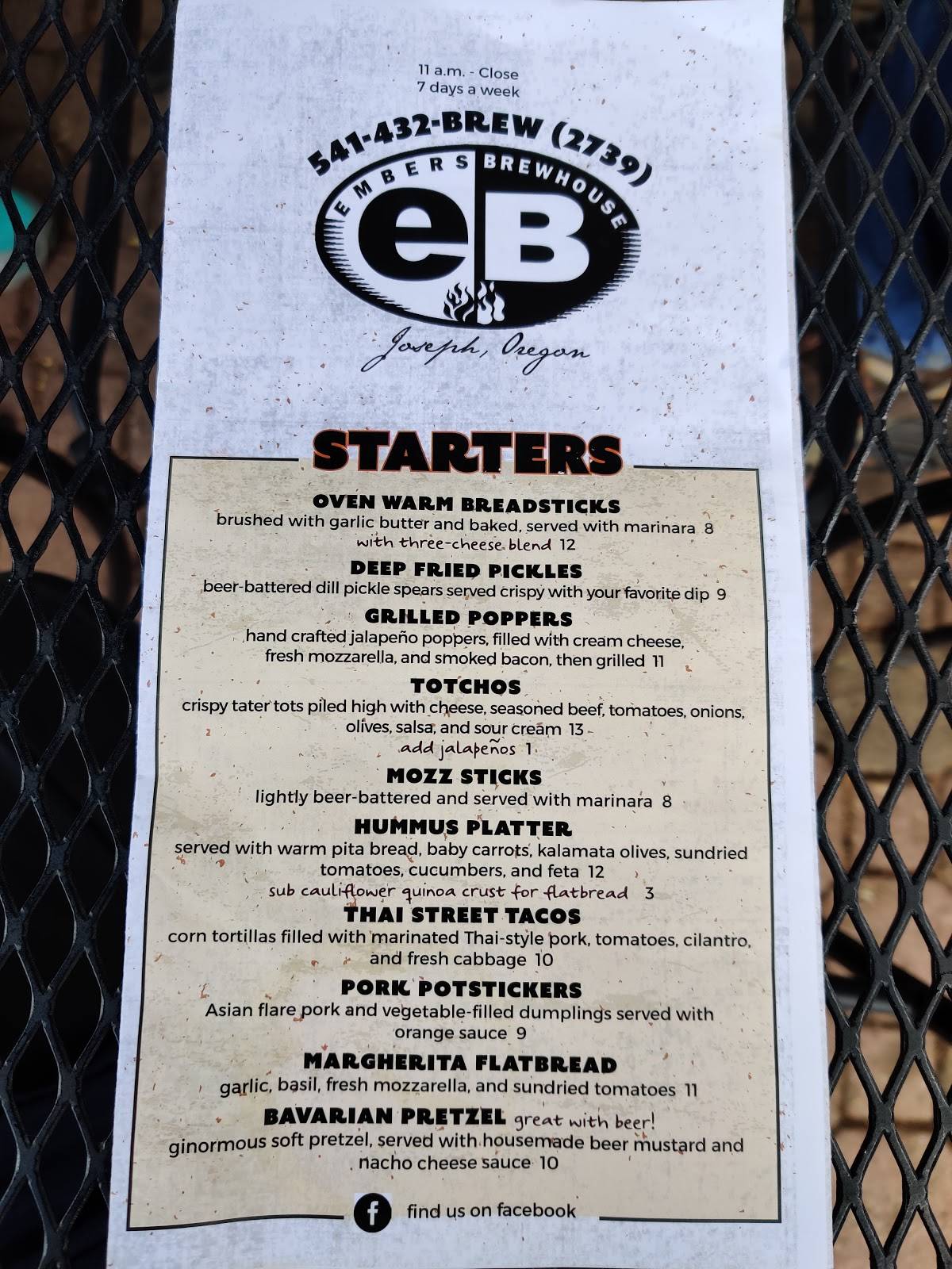 Menu at Embers Brewhouse pub & bar, Joseph