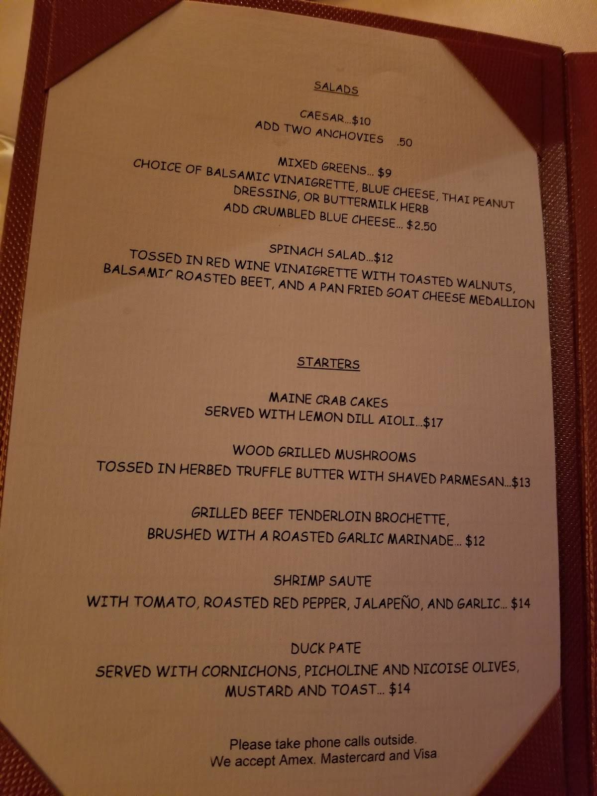 Menu at Joshua's restaurant, Wells