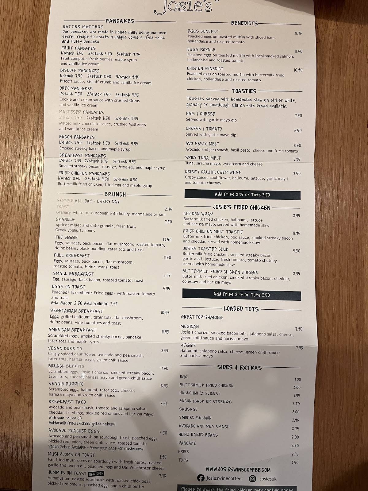 Menu at Josie's cafe, Eastleigh