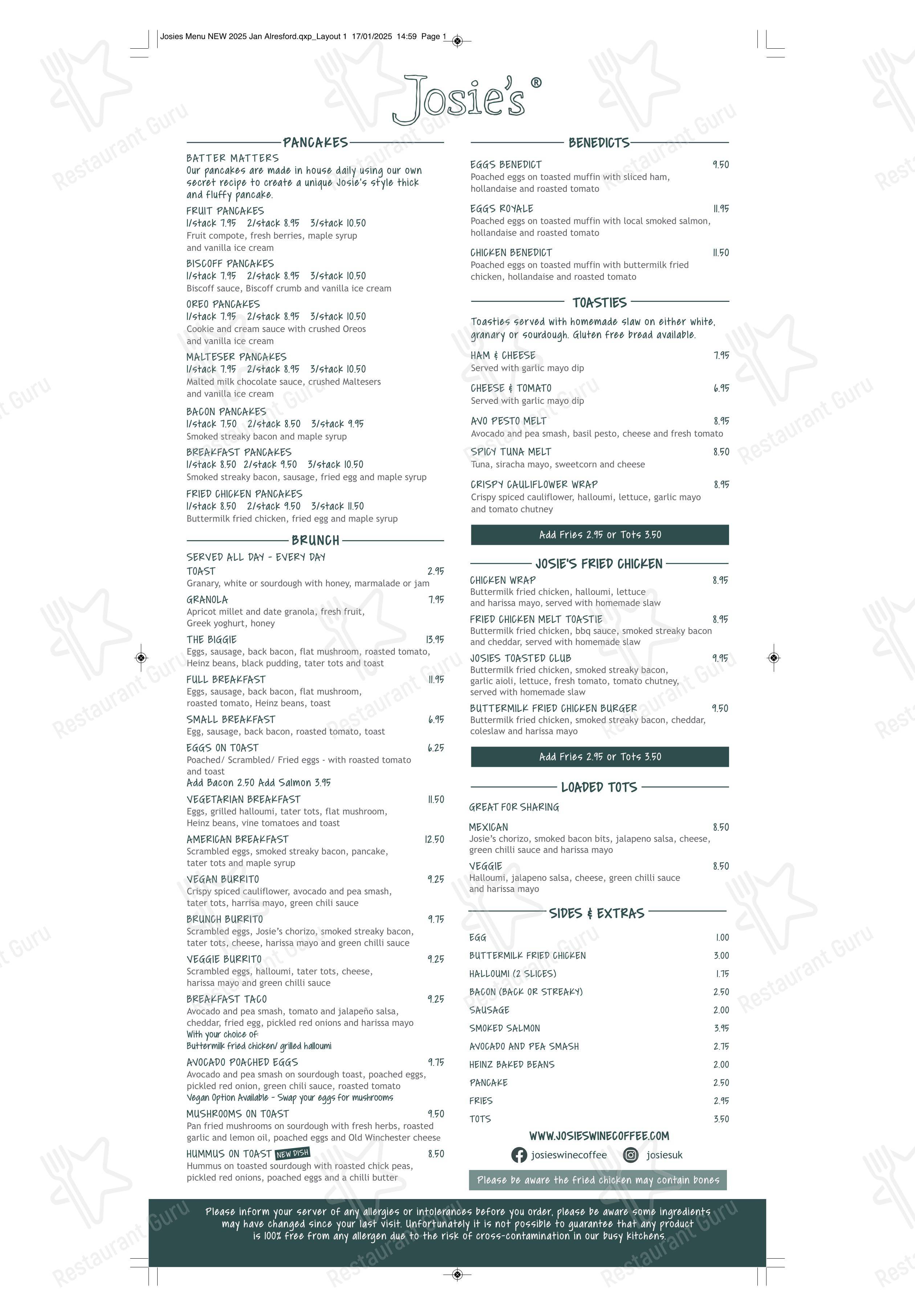 Menu at Josie's cafe, Eastleigh