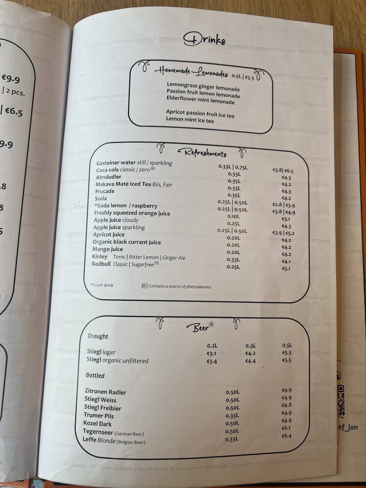 Menu at Joyce Café Restaurant, Vienna