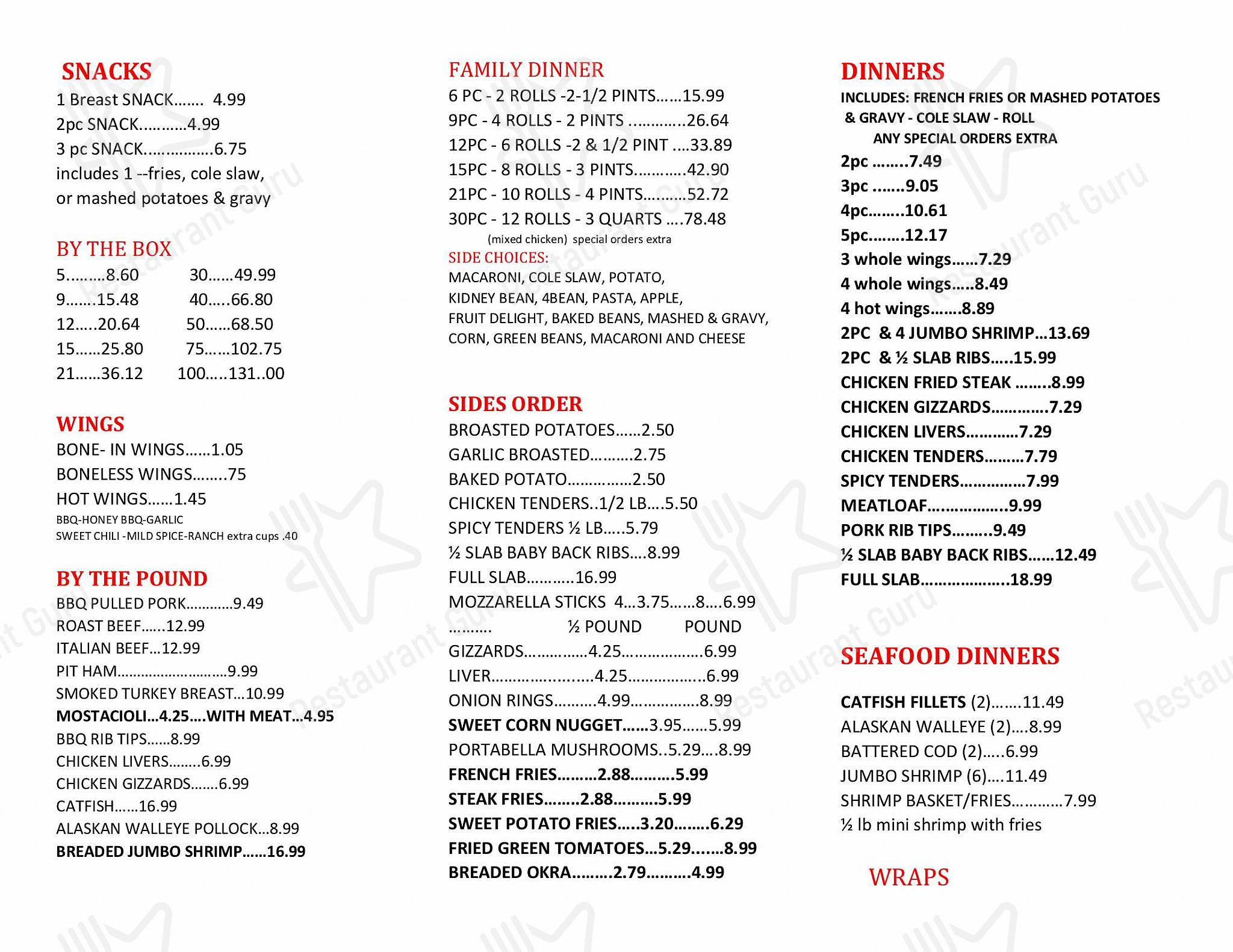 Menu at JR’S CHICKEN restaurant, Kankakee, 135 E Bourbonnais St