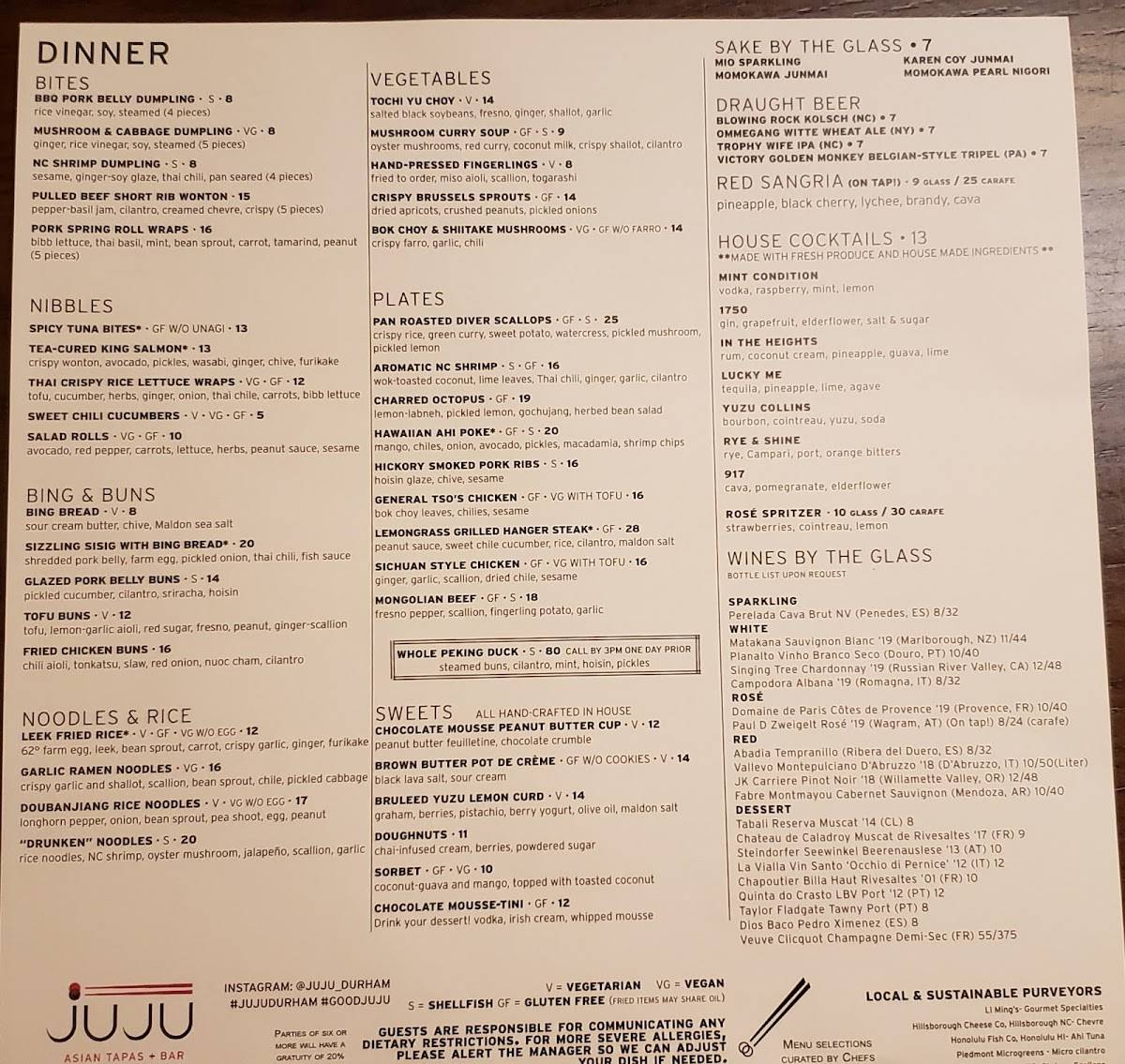 Menu at Juju Durham pub & bar, Durham, 737 9th St #210