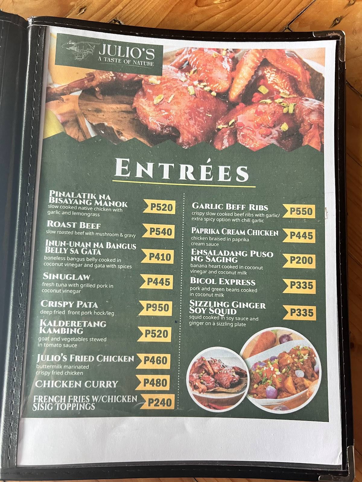 Menu at Julio’s restaurant, Claveria