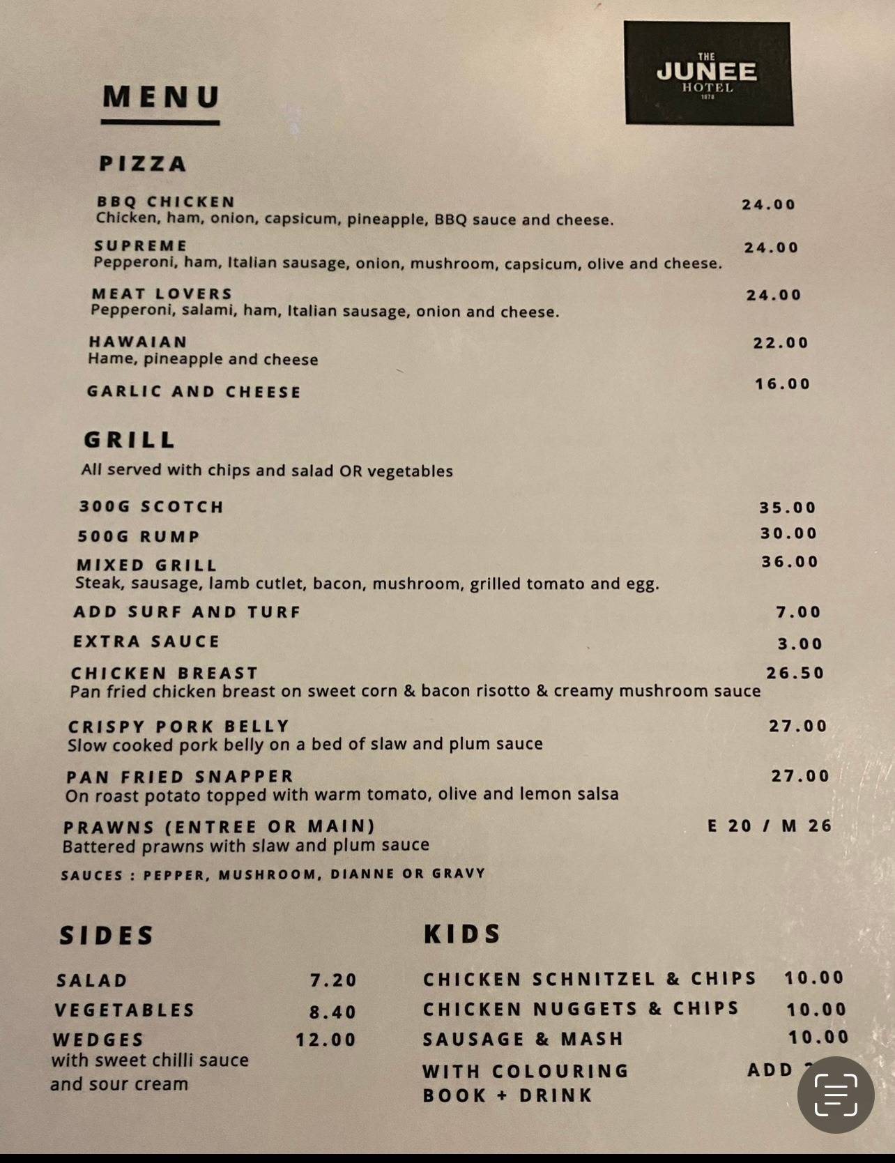 Menu at Junee Hotel pub & bar, Junee