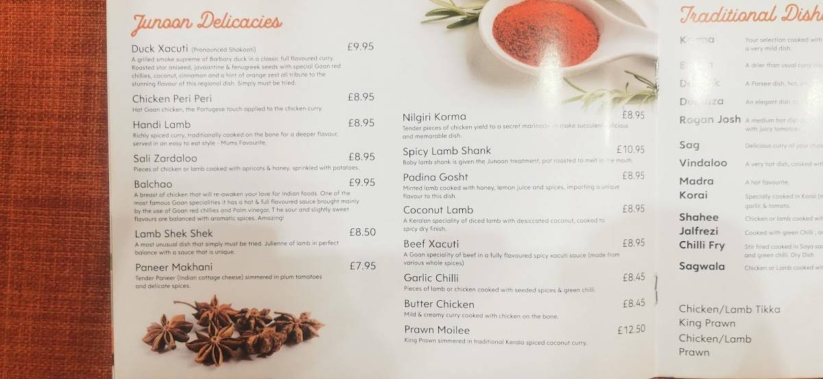Menu at Junoon Helsby restaurant, Frodsham