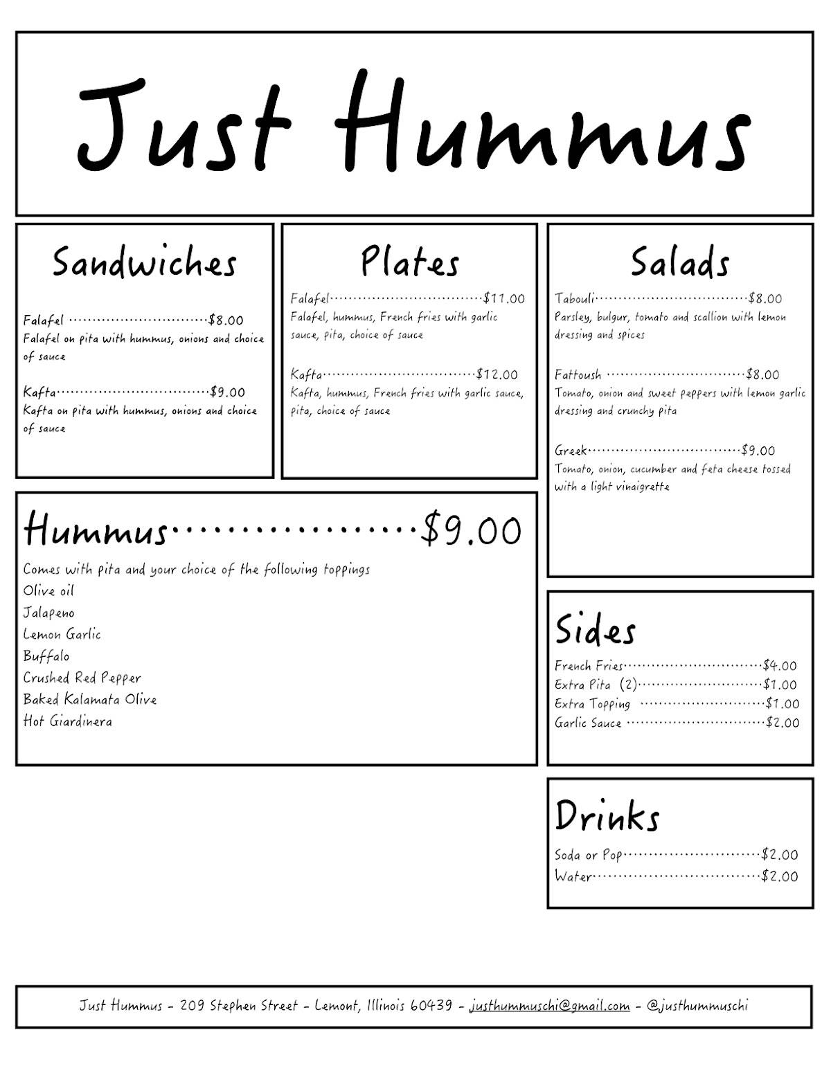 Menu at Just Hummus restaurant, Lemont, 209 Stephen St