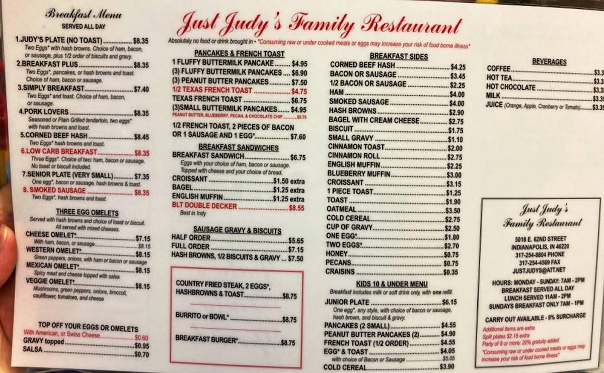 Menu at Just Judy's Restaurant, Indianapolis, E 62nd St