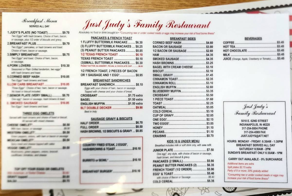 Menu at Just Judy's Restaurant, Indianapolis, E 62nd St