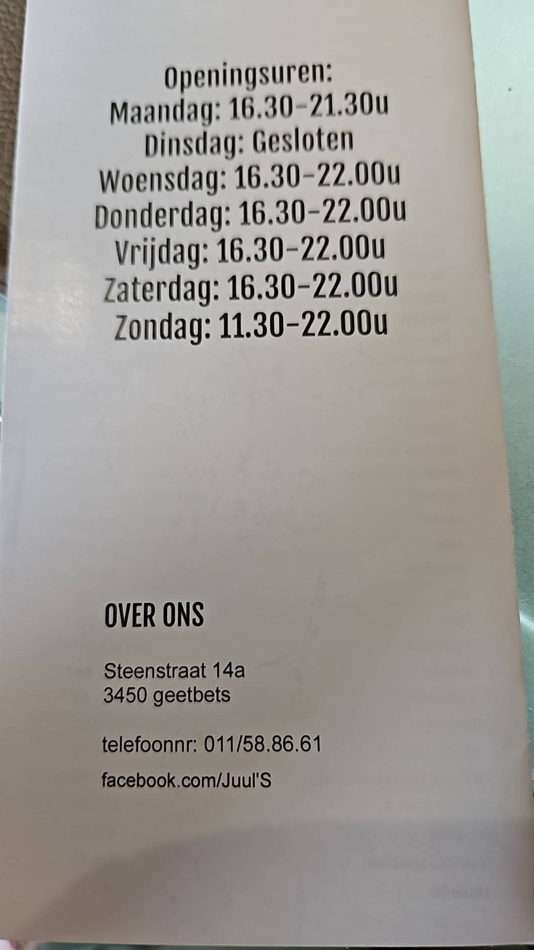 Menu at Juul's, Geetbets