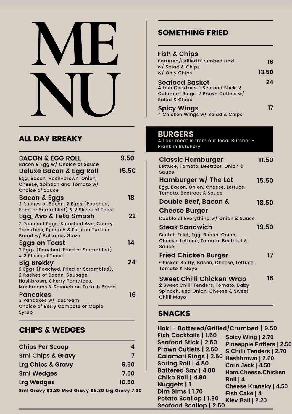 Menu at K&T's Cafe, Tumut