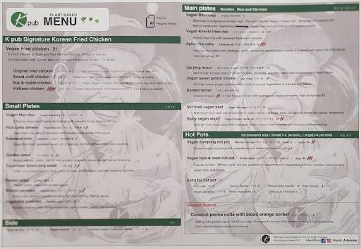 Menu at K-pub, Adelaide, 167 Gouger St