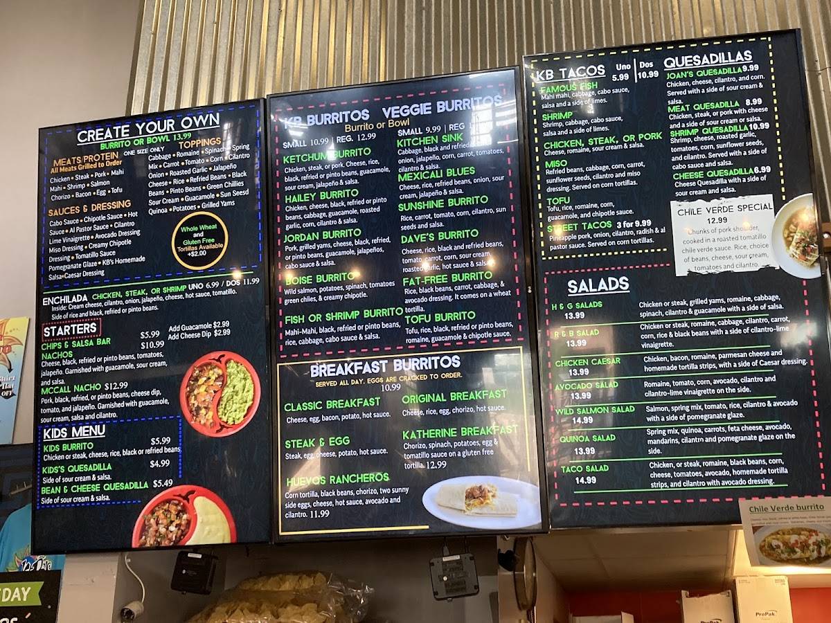 Menu at KB's McCall restaurant, McCall