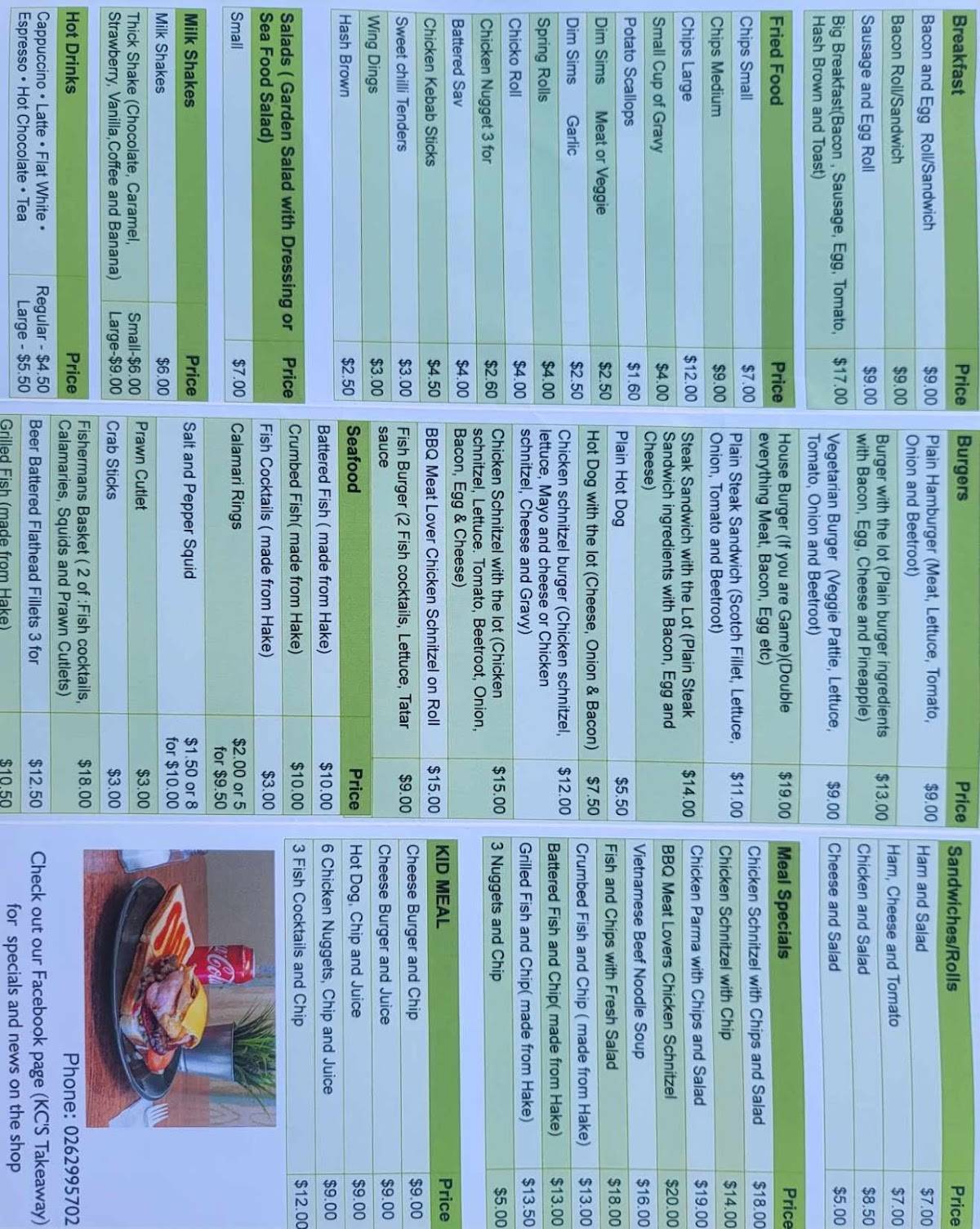 Menu at KC'S Takeaway restaurant, Queanbeyan