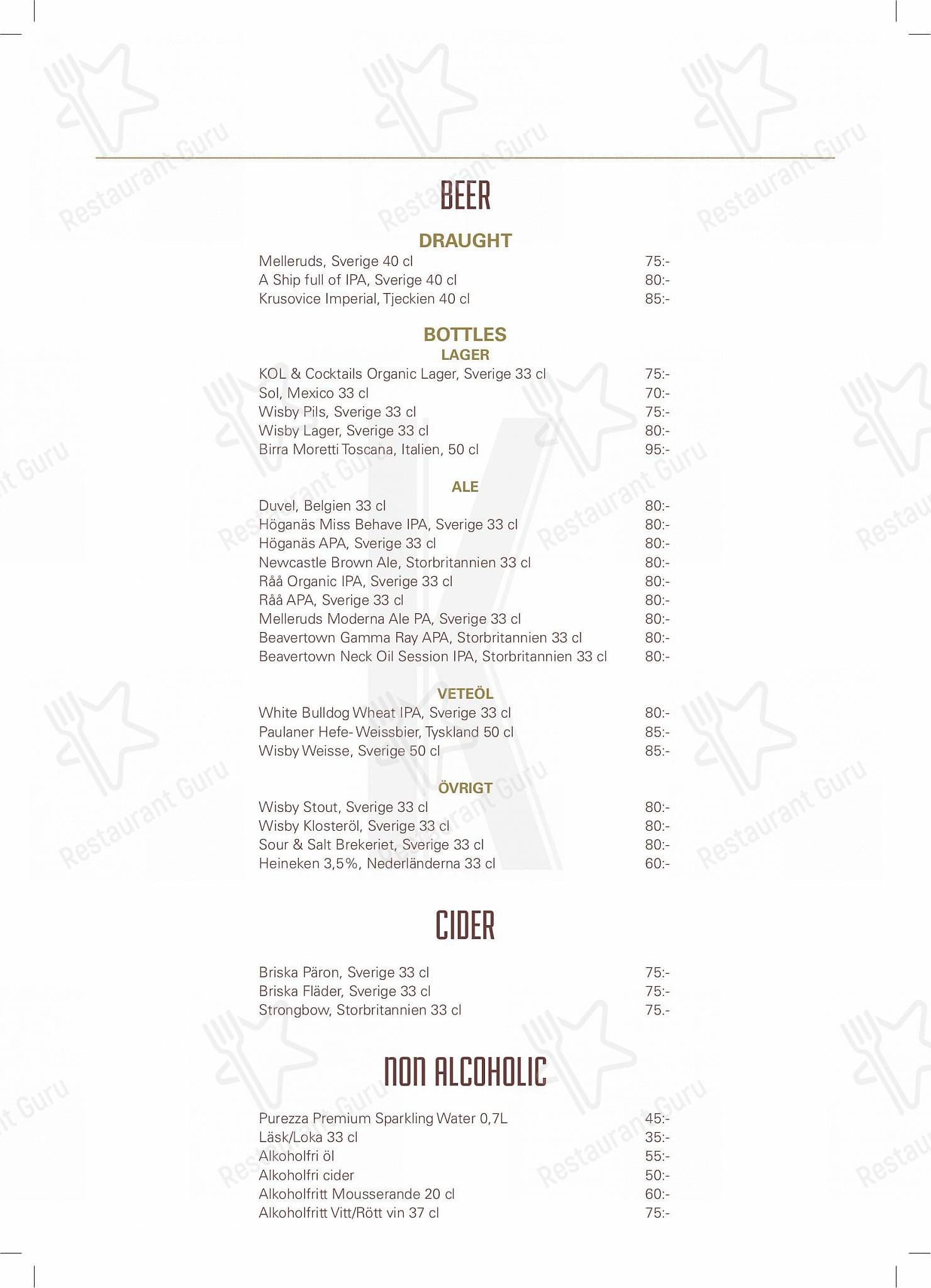 Menu at KOL & Cocktails restaurant, Helsingborg