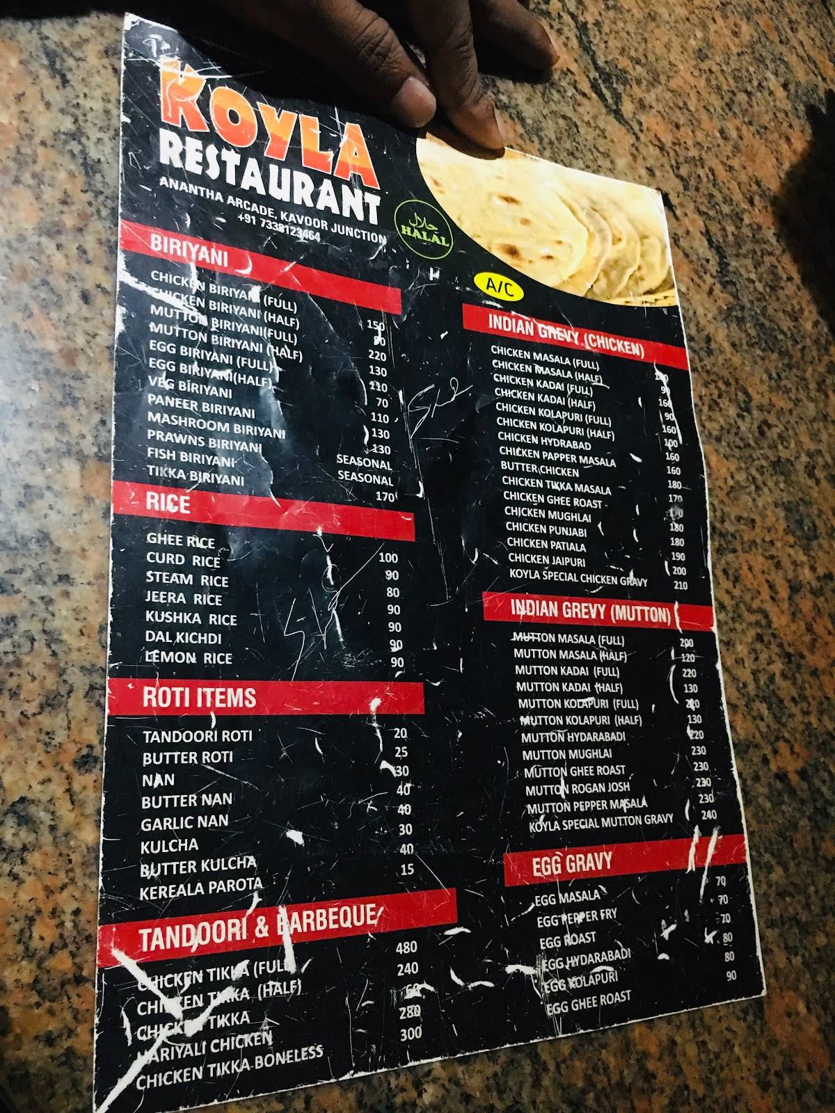 Menu at KOYLA RESTAURANT KAVOOR, Mangaluru, Ananth Arcade