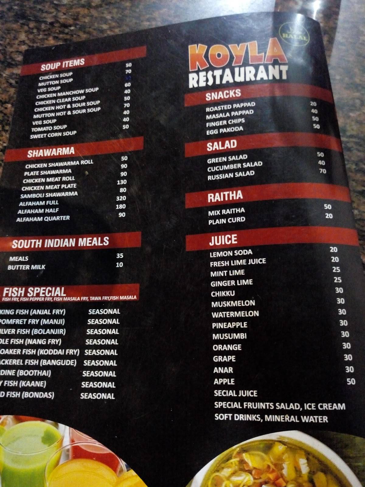 Menu at KOYLA RESTAURANT KAVOOR, Mangaluru, Ananth Arcade