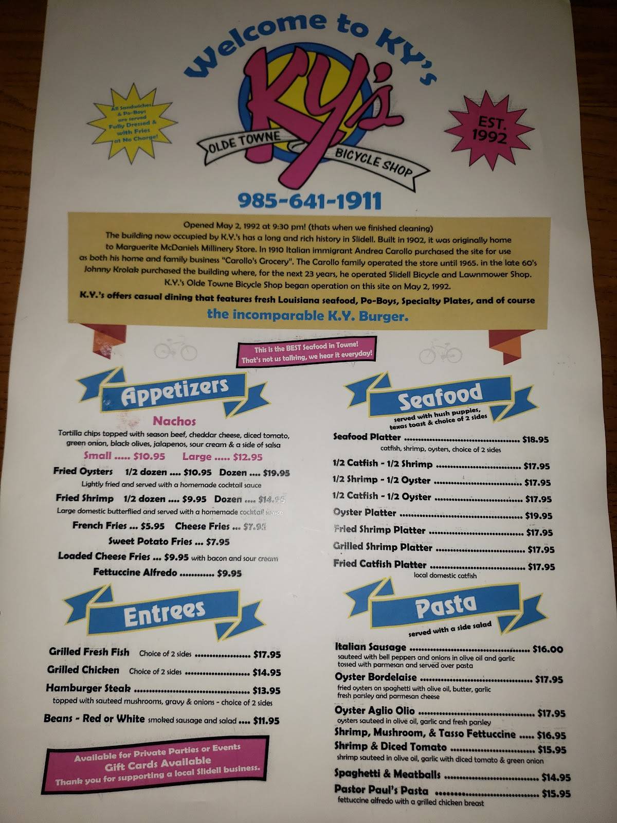 Menu at KY's Olde Towne Bicycle Shop restaurant, Slidell