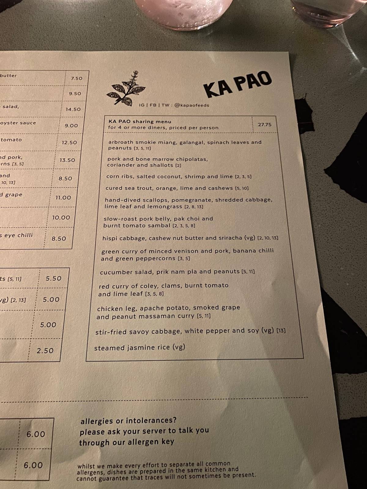 Menu at Ka Pao Glasgow restaurant, Glasgow