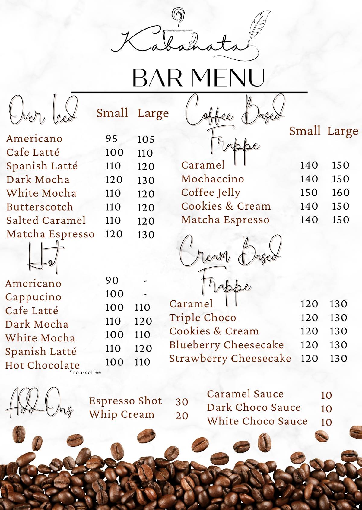 Menu at Kabanata Kape cafe, San Pascual