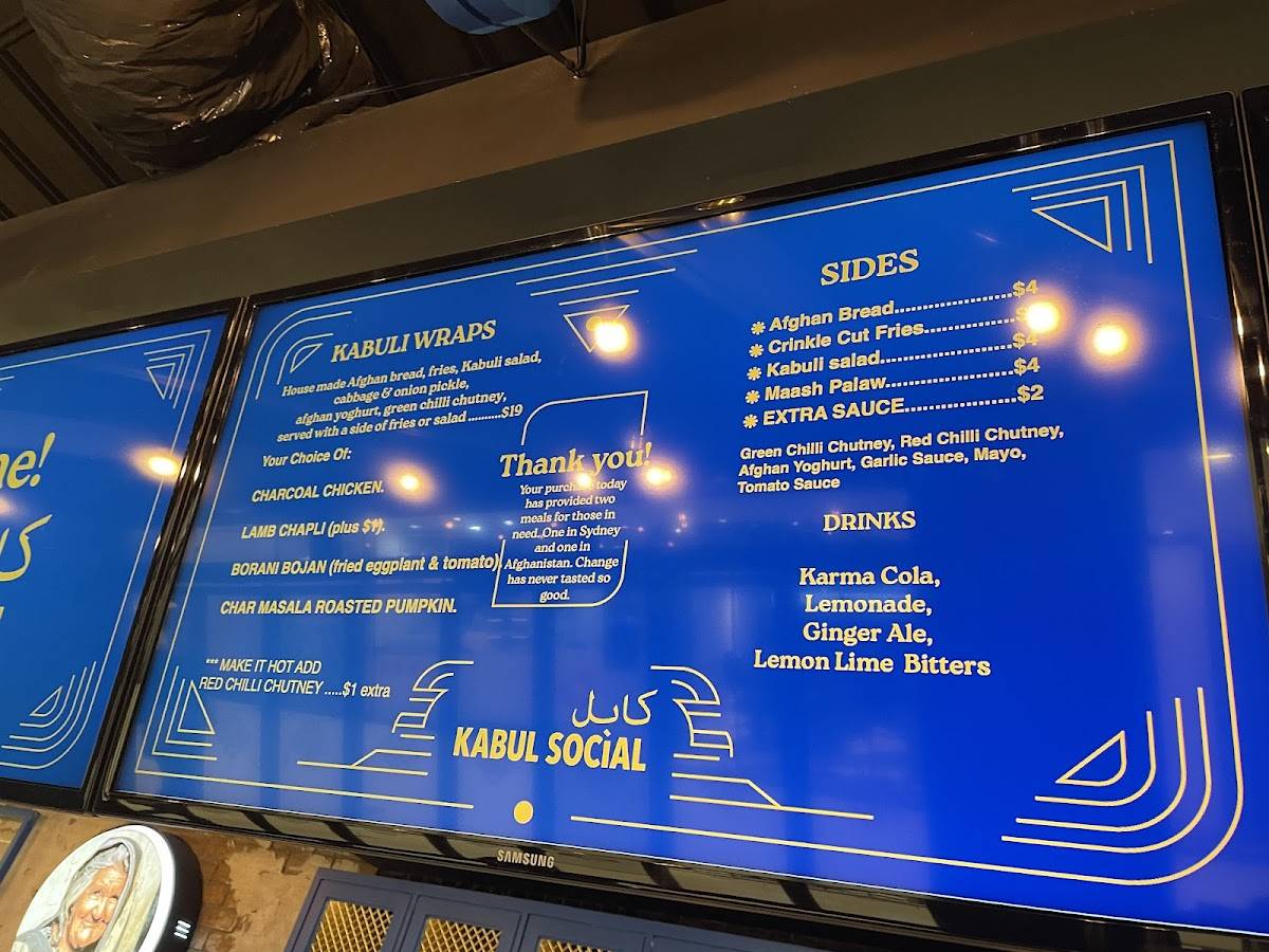 Menu at Kabul Social, MetCentre restaurant, Sydney