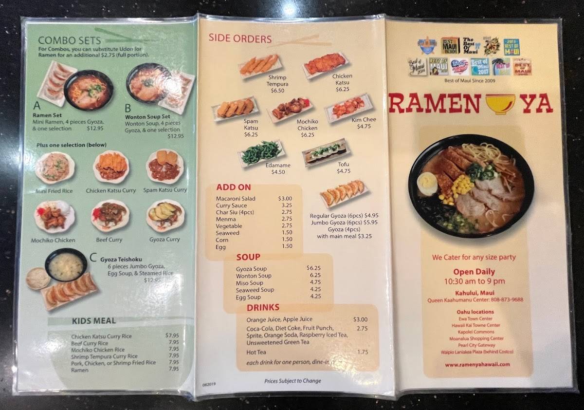 Menu at Ramen Ya restaurant, Kahului