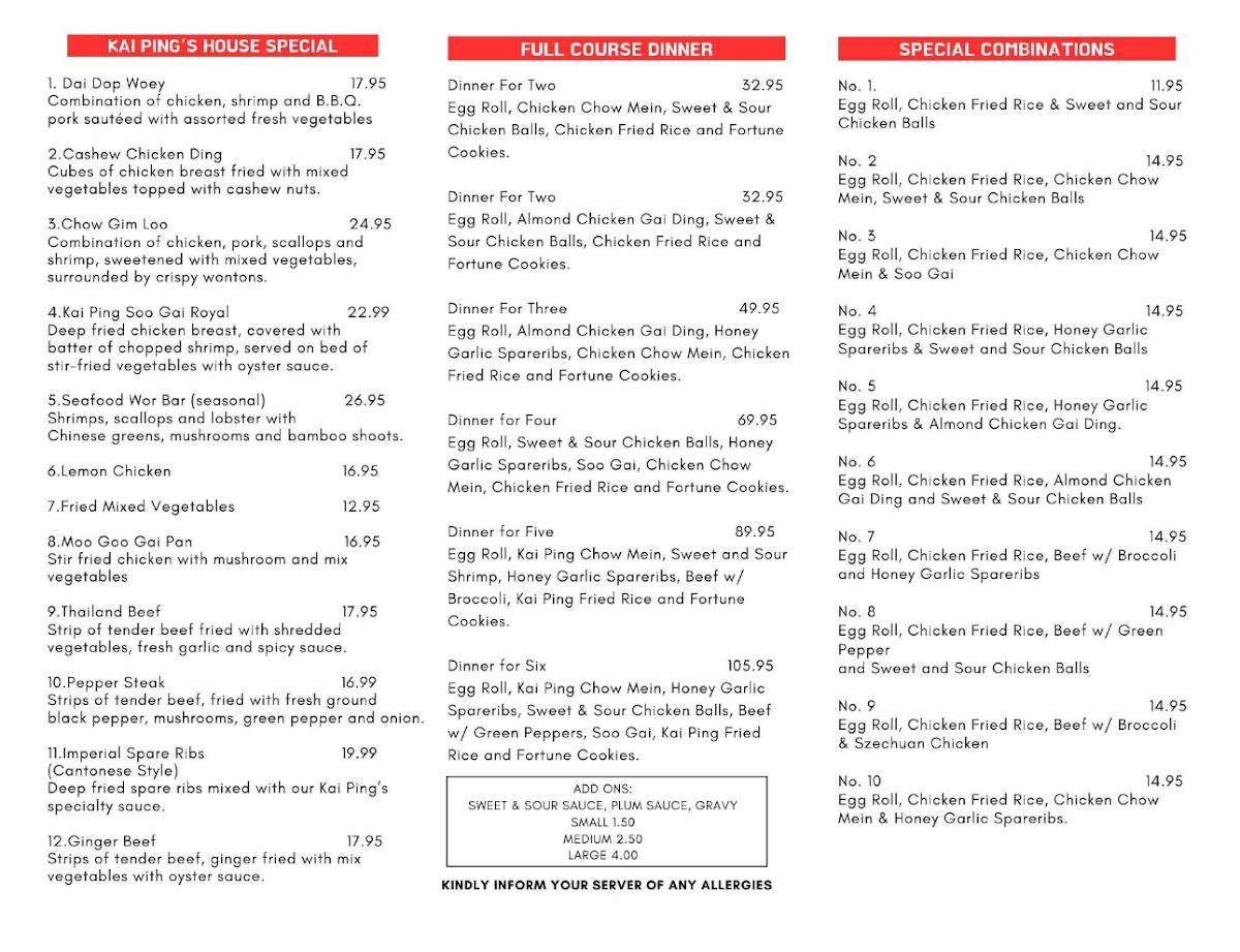Menu at Kai Pings Hot Pot and Chinese Cuisine restaurant, Sydney