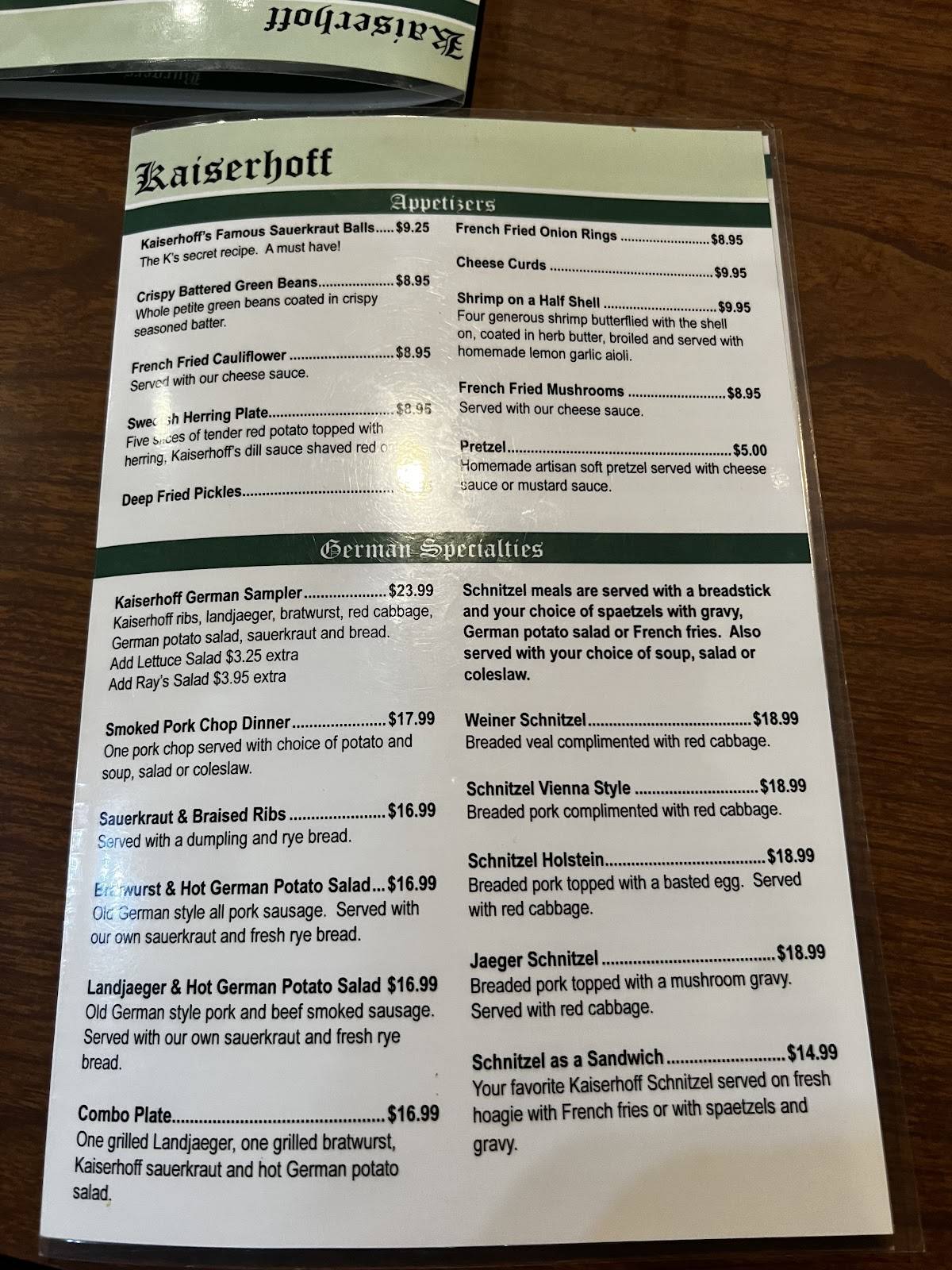 Menu at Kaiserhoff New Ulm restaurant, New Ulm