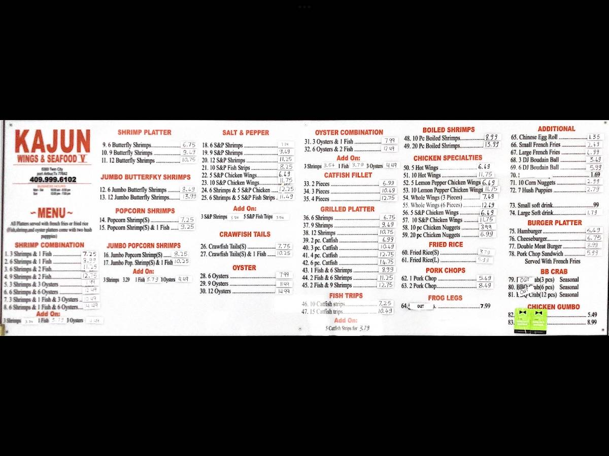 Menu at Kajun Seafood, wings & Daiquiris restaurant, Port Arthur, Twin ...