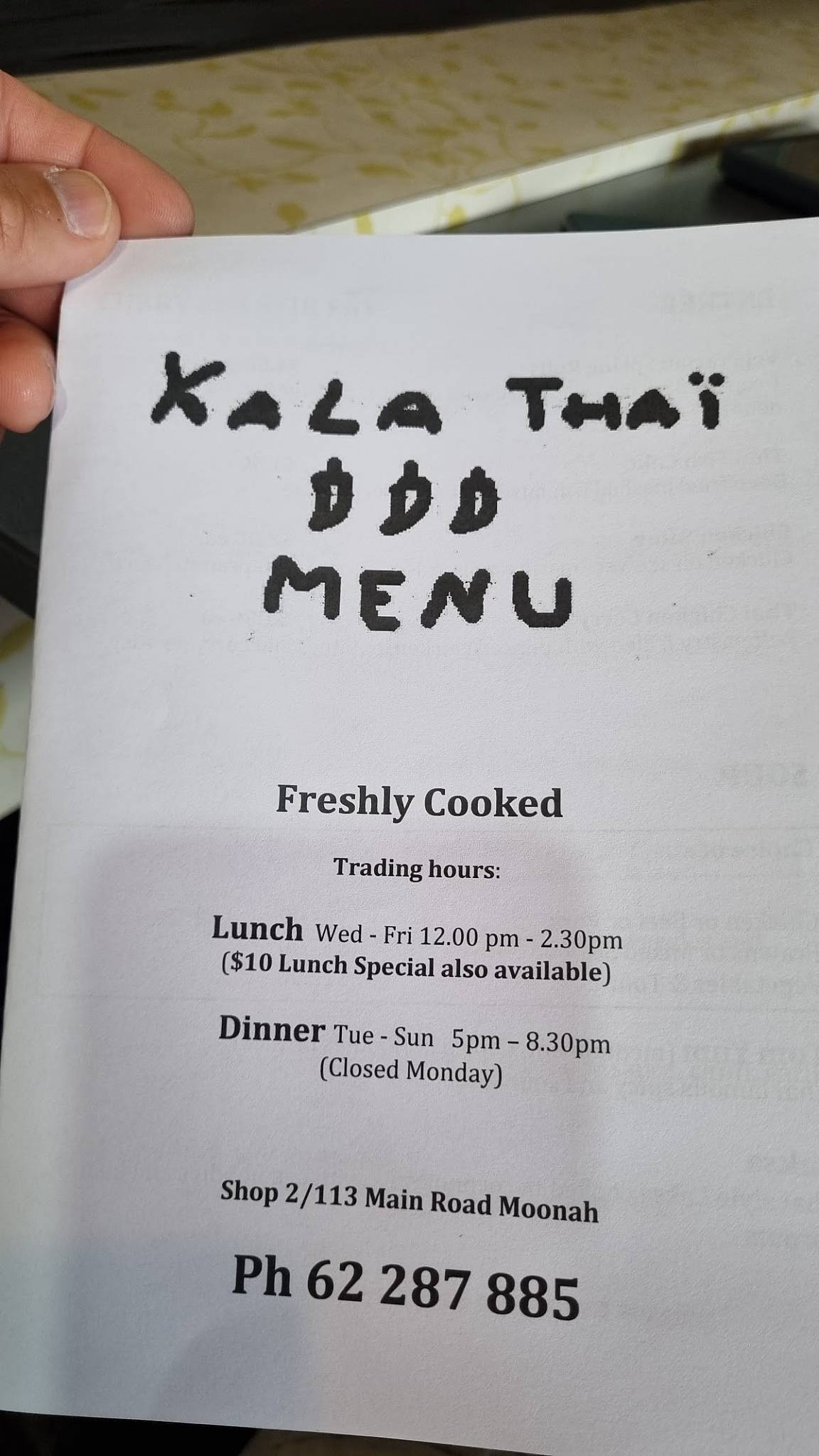 Menu at Kala Thai restaurant, Moonah