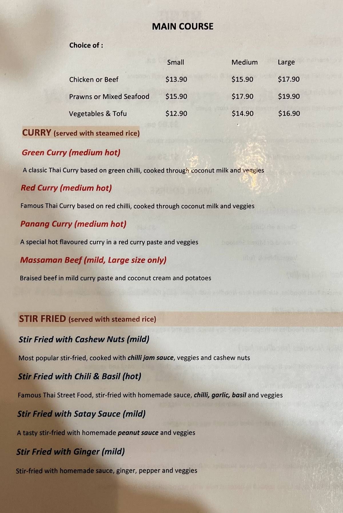 Menu at Kala Thai restaurant, Moonah