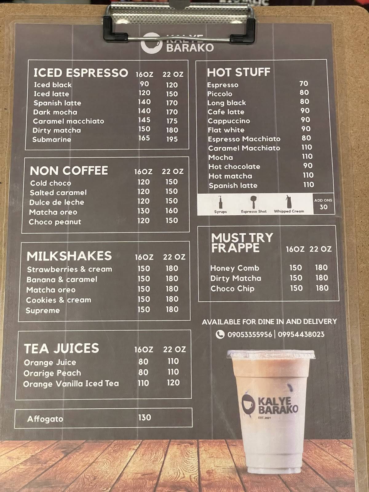 Menu at Kalye Barako, Santo Tomas