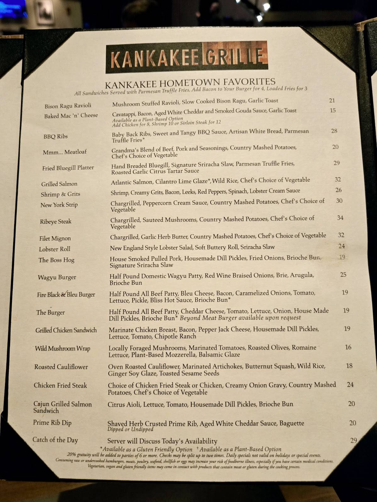Menu at Kankakee Grille New Buffalo steakhouse, New Buffalo