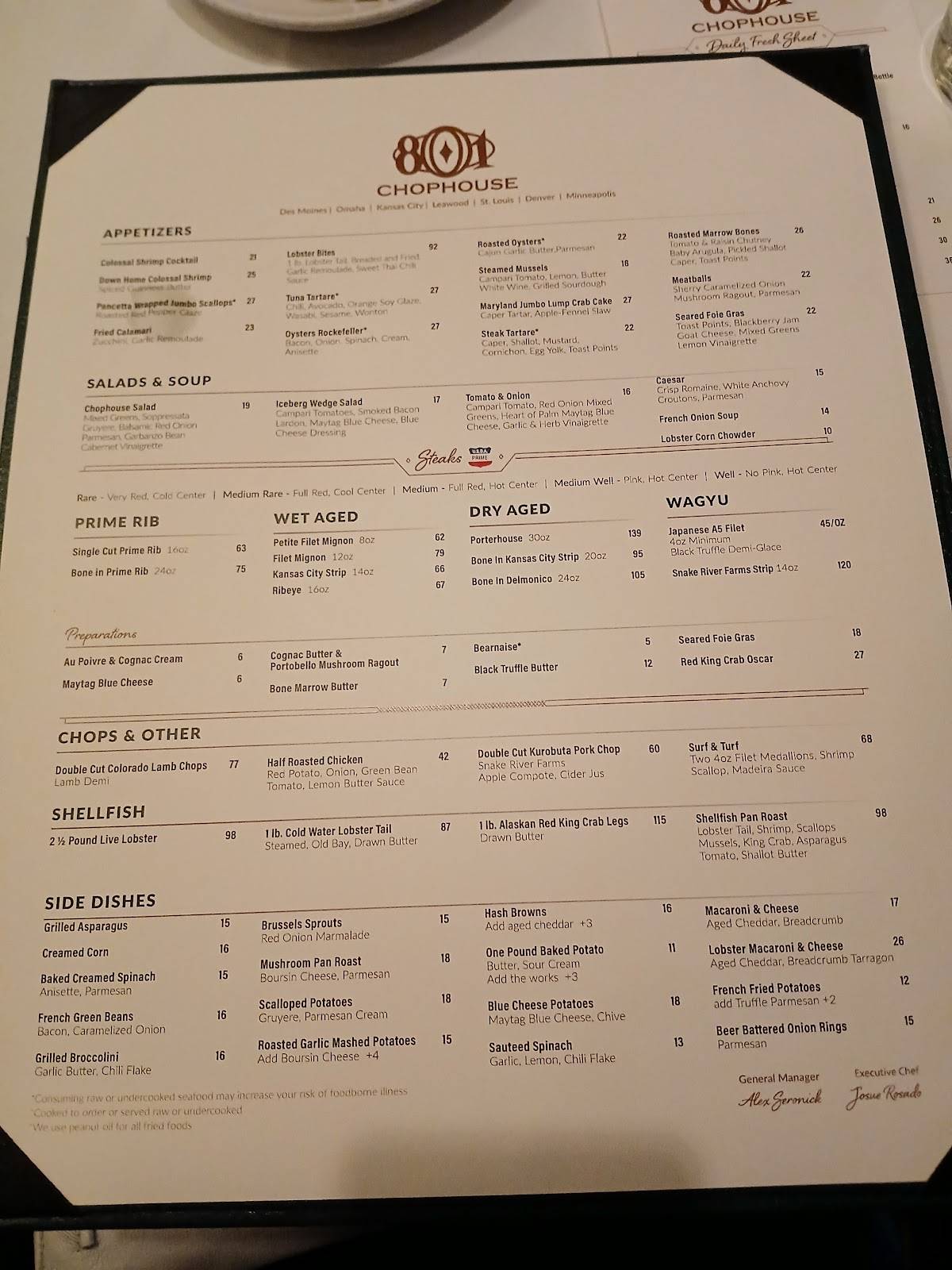 Menu at 801 Chophouse pub & bar, Kansas City