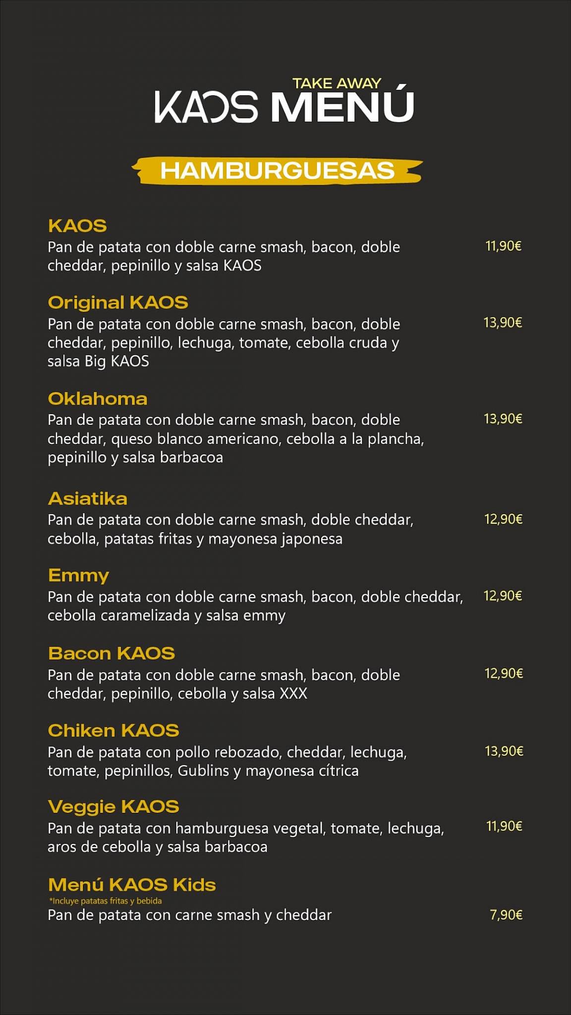 Carta del restaurante Kaos Smash Burger, Alcira