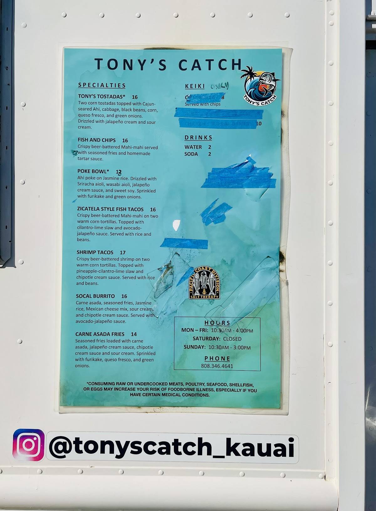 Menu at Tony's Catch restaurant, Kapaa