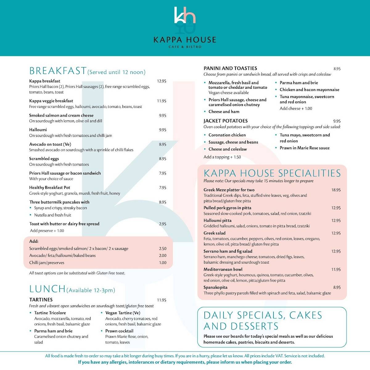 Menu at Kappa House restaurant, Saffron Walden