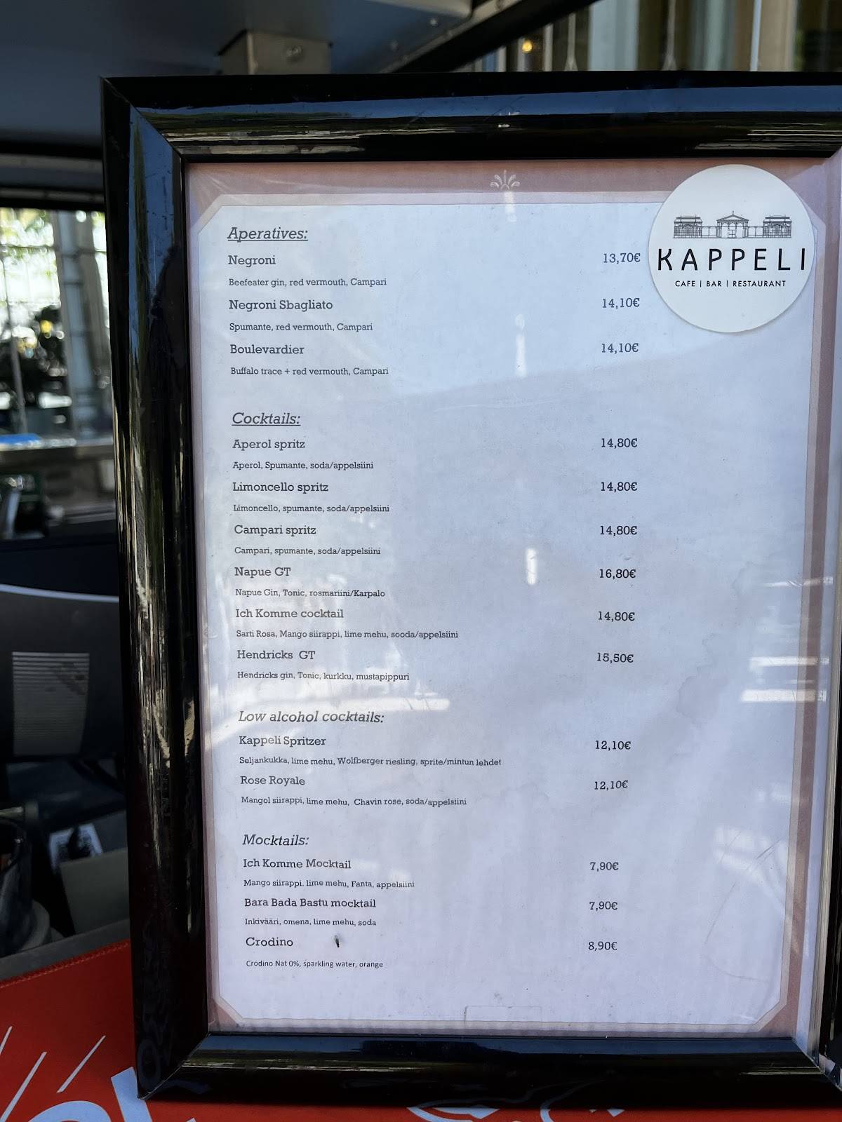 Menu at Kappeli restaurant, Helsinki, Eteläesplanadi 1