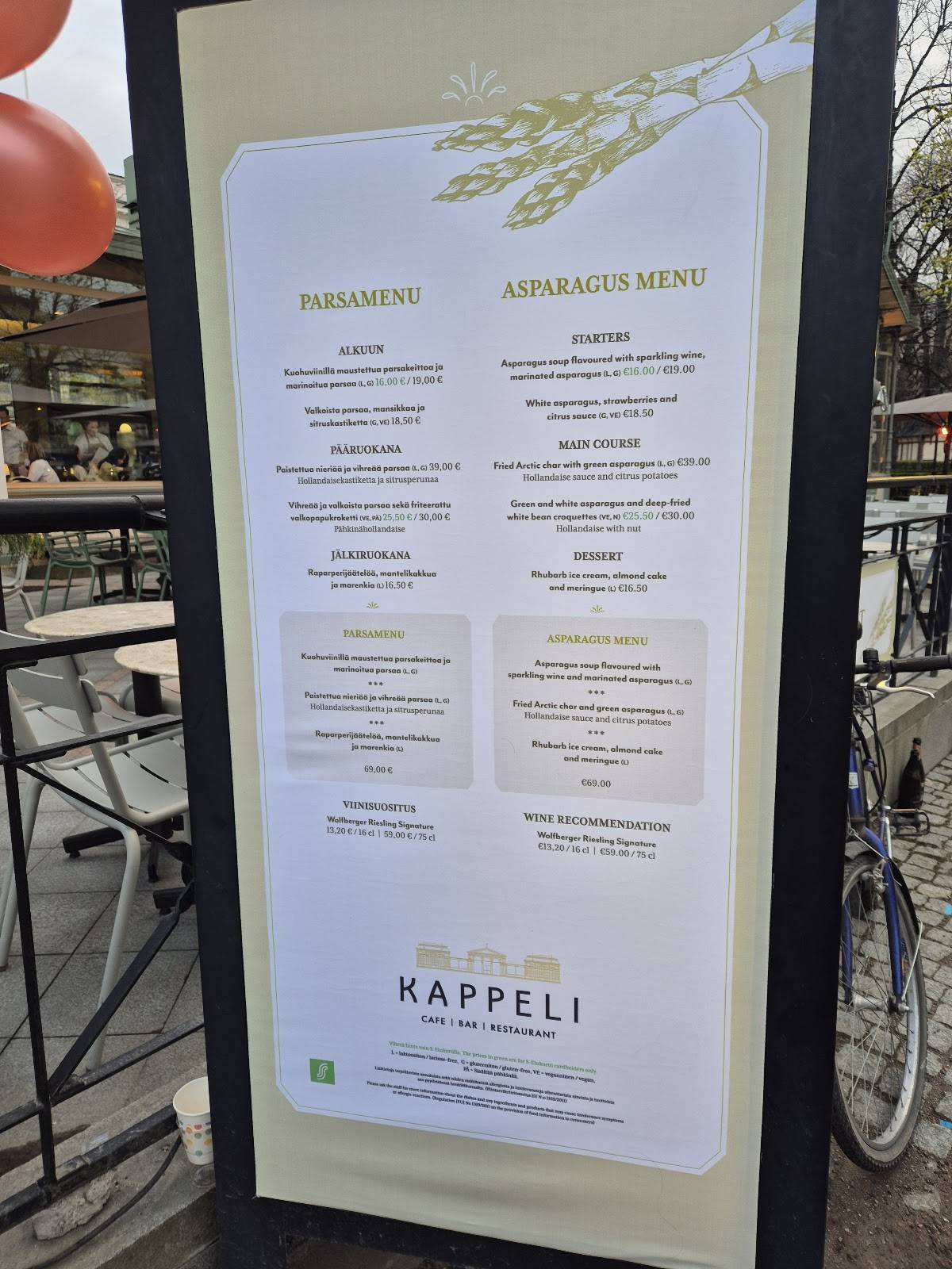 Menu at Kappeli restaurant, Helsinki, Eteläesplanadi 1