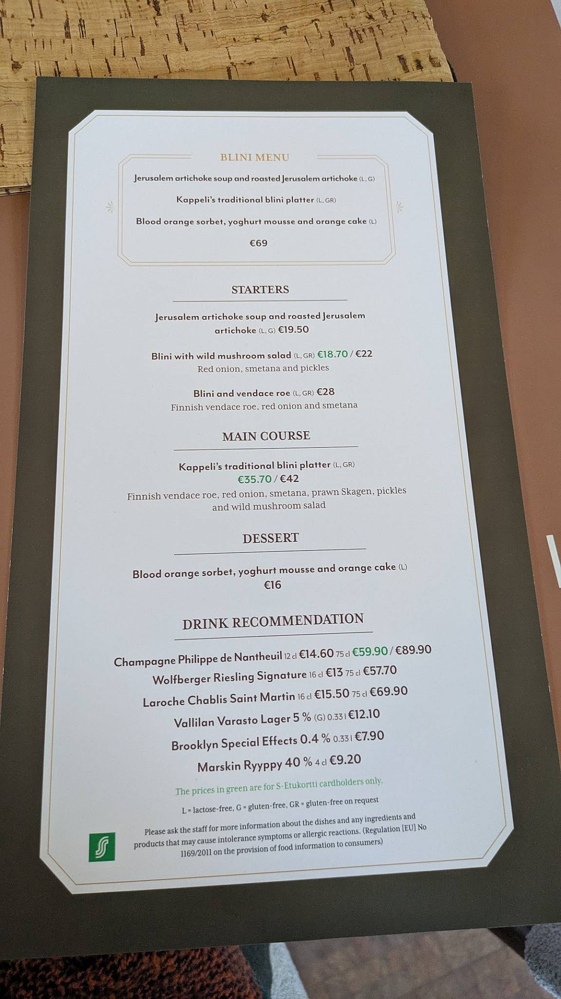 Menu at Kappeli restaurant, Helsinki, Eteläesplanadi 1